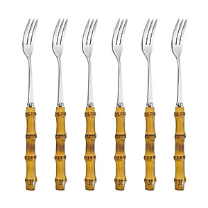 TAOMEINONG Premium Bamboo Utensils Bamboo Cocktail Forks & Bamboo Appetizer Forks Bamboo Silverware Set of 5 Stainless Steel Forks Handcrafted Bamboo cutlery - Cocktail Picks