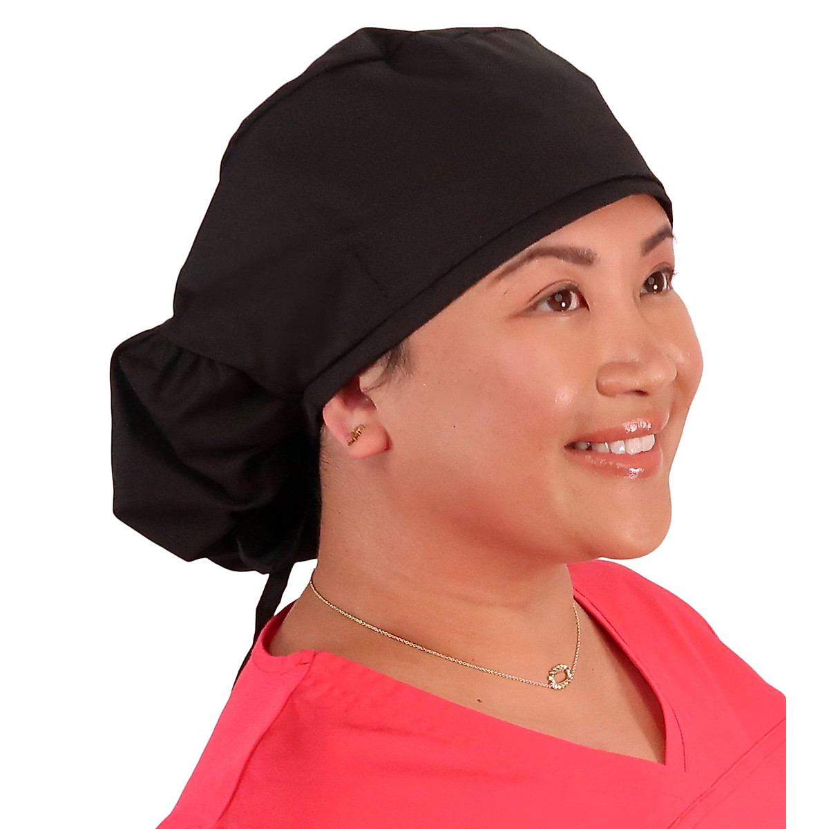 Sparkling EARTH Solid Black Big Hair Ponytail Classic Surgical Style Scrub Working Cap - Made in The USA!!!