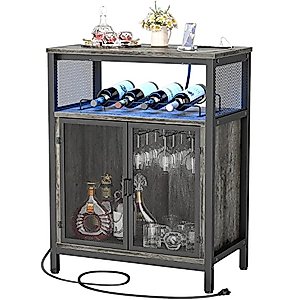 Unikito Wine Bar Cabinet with RGB Light and Outlet, FreeStanding Wine Rack Table, Liquor Cabinet with Glass Holder, Floor Bar Cabinet for Liquor and Glasses for Home Kitchen Dining Room, Black Oak