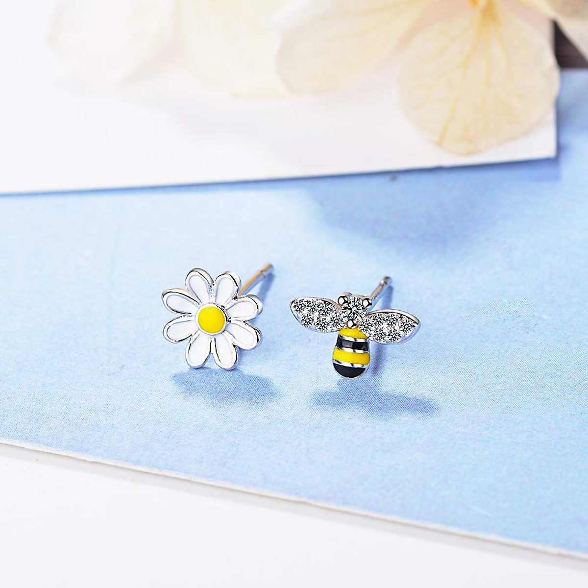 CZ Bee Daisy Flower Asymmetric Sterling Silver Tiny Small Stud Earrings for Women Cartilage Tragus Sensitive Ear Fashion Animal Cute Mini Piercing Post Hypoallergenic Gifts Daughter
