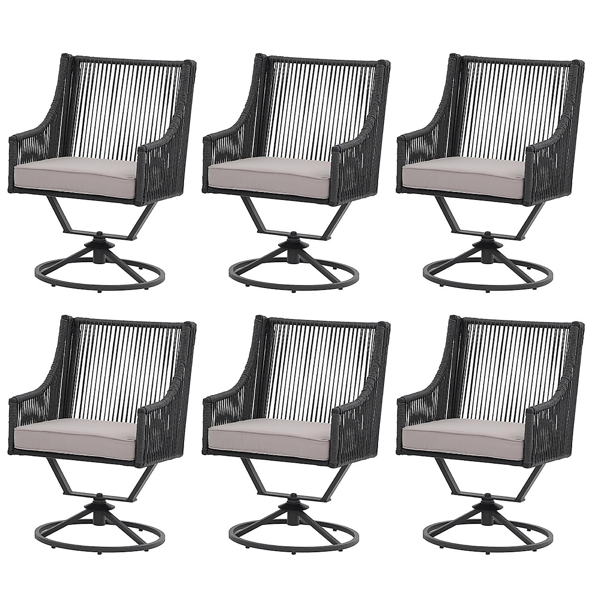 Patiorama Outdoor Swivel Dining Chairs Set of 6, Patio Wicker Dining Chairs, All-Weather Twisted PE Rattan Chairs, Outside Metal Swivel Chair with Cushion for Lawn Garden Backyard, Black/Light Gray
