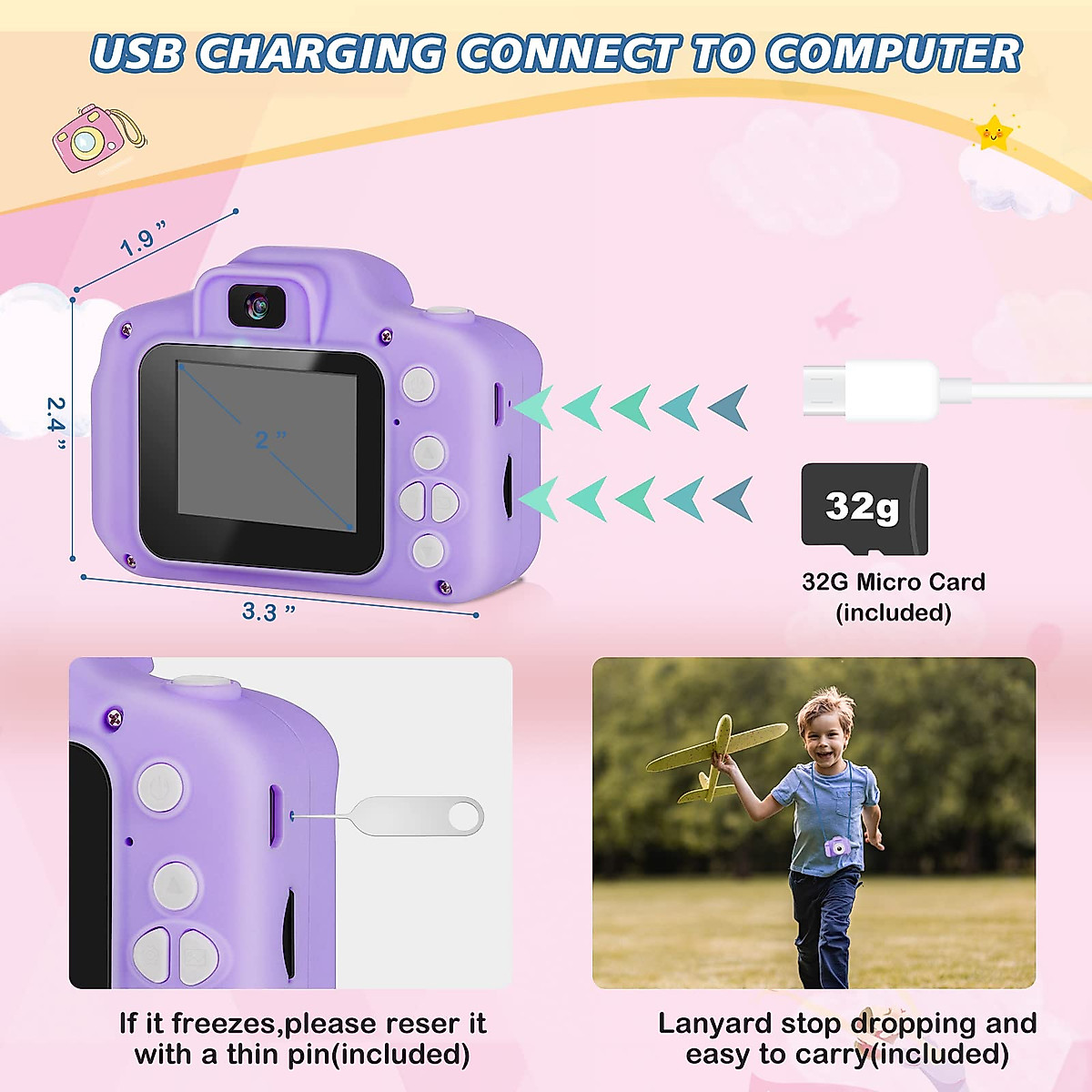 Upgrade Toddler Camera, HD Digital Video Cameras for Toddler, Kids Selfie Camera Toys with 32GB SD Card for 3 4 5 6 7 8 9 Year Old Girls and Boys, Christmas Birthday Gifts for Boys - Purple