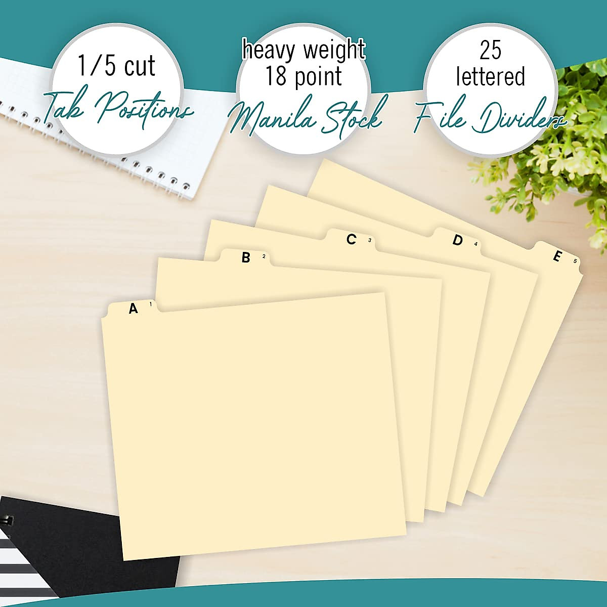 Alphabetical File Organizer, File Cabinet Dividers Letter Size, 25 Heavyweight Manila Guides A-Z Dividers with Tabs, 1/5 Cut Tab Positions Filing Cabinet and Desk Organizer