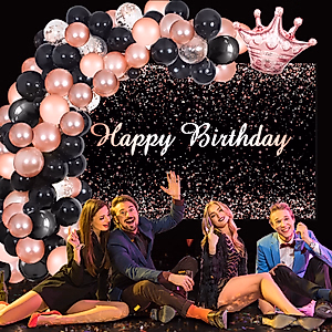 Black and Rose Gold Party Decorations, Rose Gold and Black Balloon Garland Kit with Birthday Backdrop Tablecloth for Women Girls Rose Gold Black Birthday Party Decorations Supplies