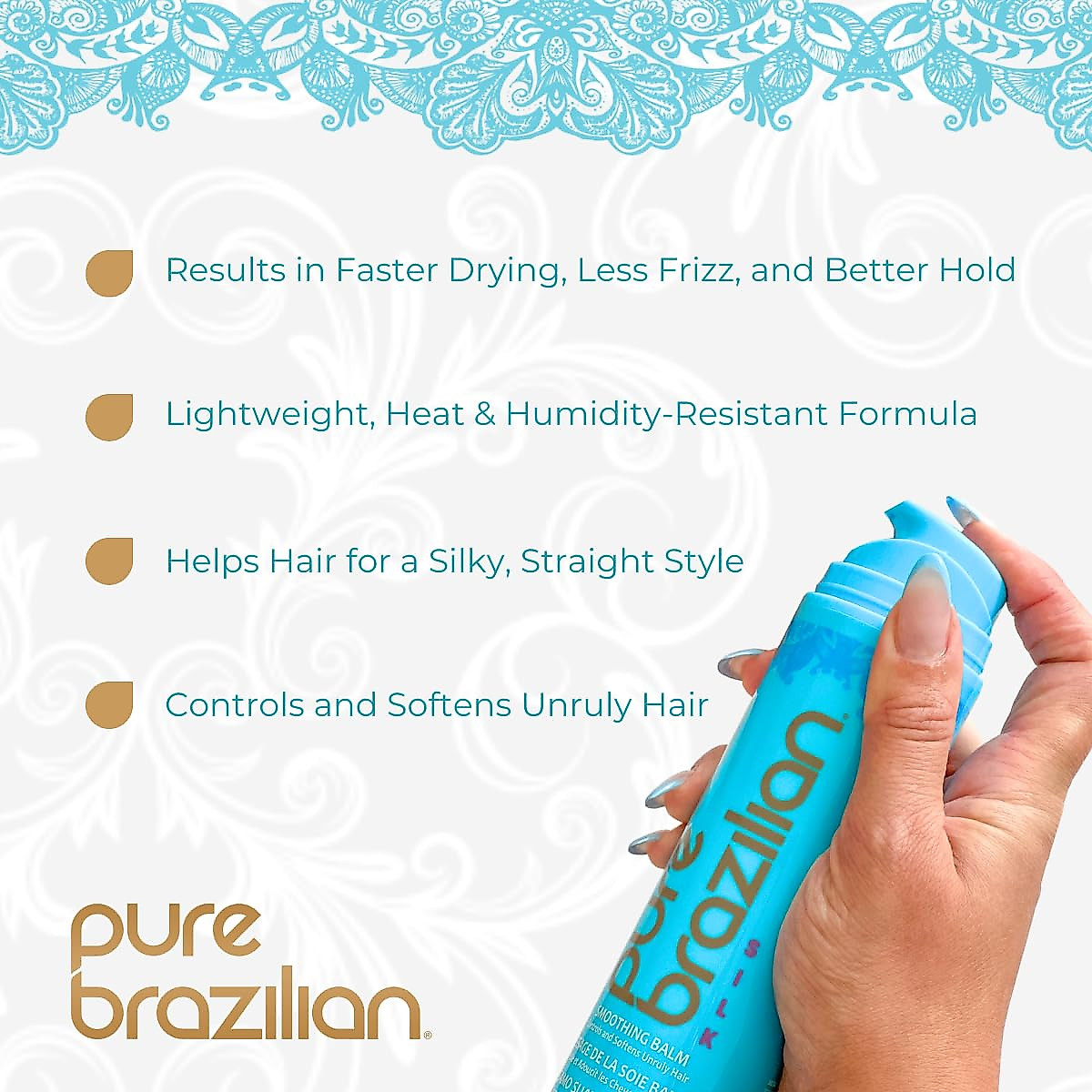 Pure Brazilian Silk Smoothing Balm with Keratin, Hydrolyzed Silk & Coconut Oil, Anti-Frizz, Nourishing & Strengthening Formula, Salon-Quality Treatment, 6.78 Oz