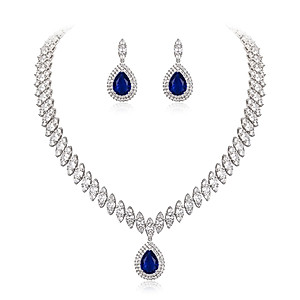 EVER FAITH Women's Marquise CZ Leaf Teardrop Wedding Pendant Necklace Earrings Set Blue Silver-Tone