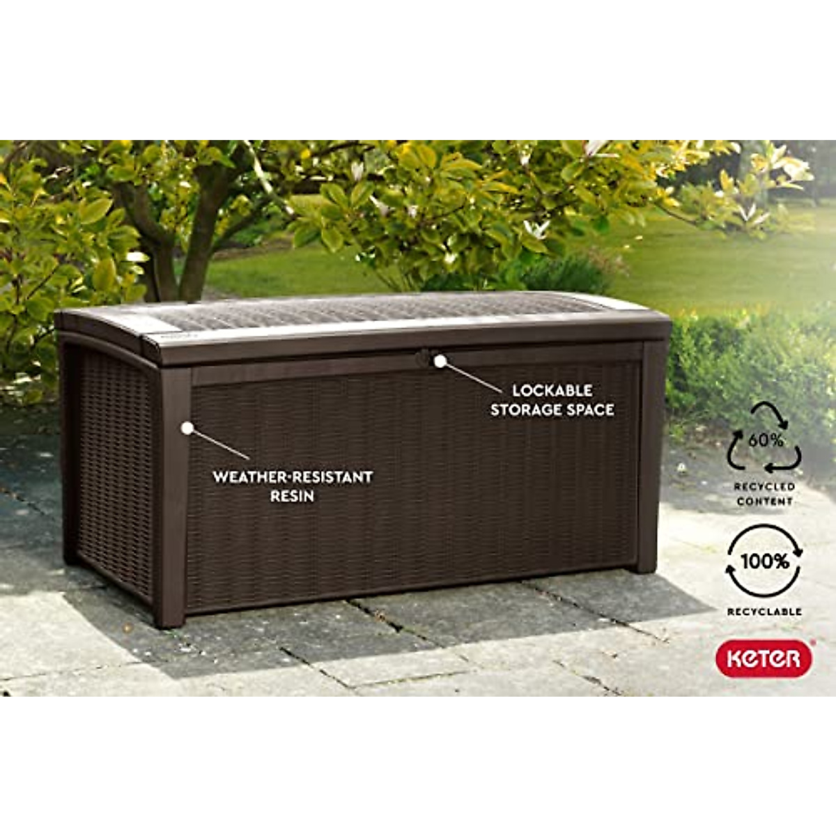 Keter Borneo 110 Gallon Resin Deck Box-Organization and Storage for Patio Furniture Outdoor Cushions, Throw Pillows, Garden Tools and Pool Toys, Brown