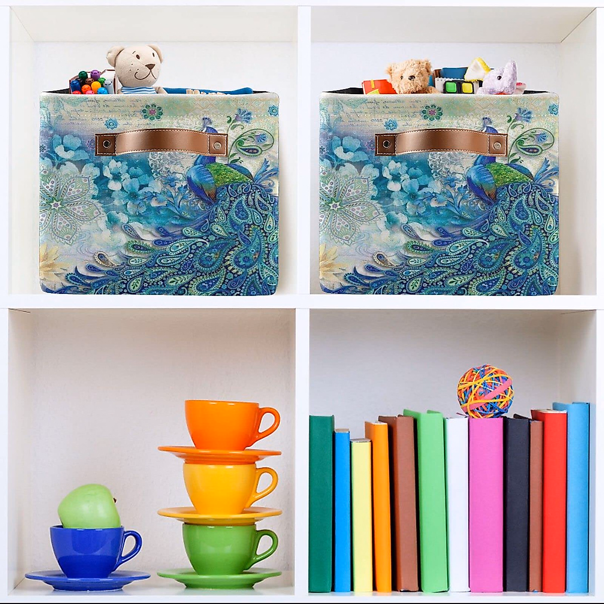WIHVE Storage Bins Beautiful Peacock Fabric Storage Basket for Organizing Closet Shelf Organizer Basket with Handles
