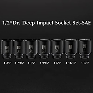 EMENTOL 7PCS 1/2"Drive Deep 6-Point Spindle Axle Nut Impact Socket Set, CR-MO, 1/2" Drive Deep Impact Socket Set, 1-3/8 Inch - 1-3/4 Inch