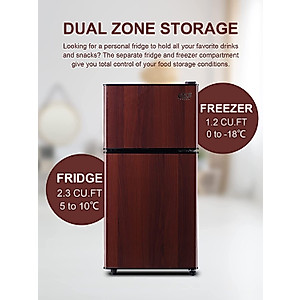 QIYO 3.5 Cu.Ft Compact Fridge-Freezer Combo, Enhanced Freshness Technology, Energy-Efficient Dual Doors, 7-Tier Temperature Control for Kitchen, Dorm, Bar, Office, Apartment - Wooden Finish