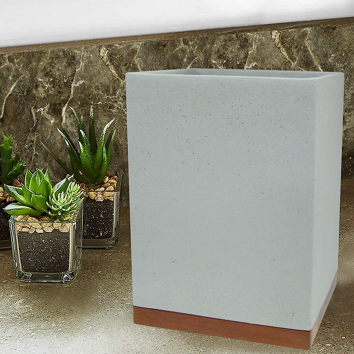 nu steel Concrete Bathroom Wastebasket Bin Trash Can in Real Cement and Wood for Bathrooms & Vanity Spaces