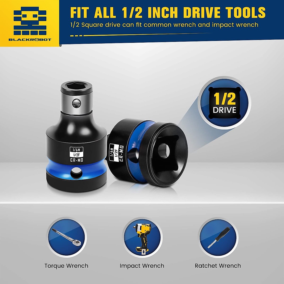 BLACKROBOT 2PCS Impact Bit Holders 1/2 Inch Square Drive to 1/4 Inch Hex Socket Adapter for Impact Wrench