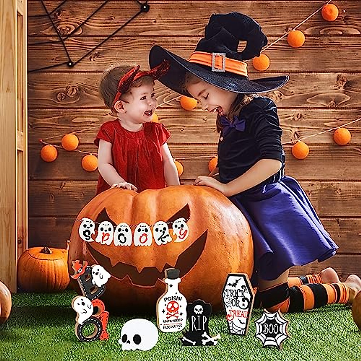 SULOLI Halloween Tiered Tray Decoration, 12 Pcs Halloween Wooden Signs Haunted House Party Farmhouse Rustic Tiered Tray Decor for Home Table Houseroom