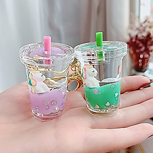 HSYHERE Girls Women Creative Beautiful Romantic Floating Unicorn Milk Tea Cup Keychain Keyrings, Moving Sand Help Relax Car Key Chain Key Ring Bag Pendant Key Holder Daisy Flower Strap Bell -Pink