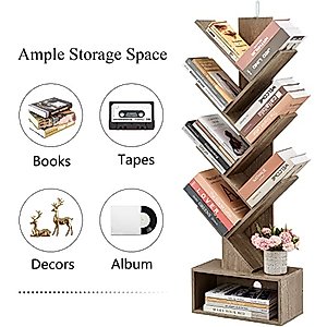 Hoctieon 6 Tier Tree Bookshelf, 6 Shelf Bookcase with Drawer, Modern Book Storage, Free Standing Tree Bookcase, Display Floor Standing Storage Shelf for Books, Utility Organizer Shelves