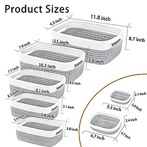 HLWDFLZ 7 Piece Cotton Rope Woven Basket Set - Woven Storage Basket Pets Toy Cotton Rope Basket for Organizing, Small Basket for Montessori, Dog Cat Toy Box, Baby Nursery (White/Gray)