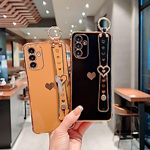 DEFBSC Compatible with Samsung Galaxy A54 5G Case, Electroplated Edge Love Heart Case with Wrist Strap, Full Camera Protection Raised Reinforced Corners Shockproof Soft TPU Cover, Black