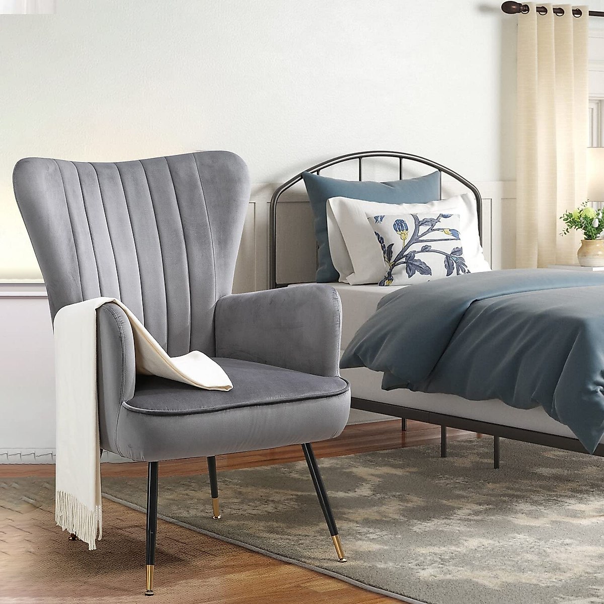 FurniutreR Accent, Modern and Elegant Armchair, Velvet Fabric Metal Black Gold Legs and High Back for Living Bedroom Office Waiting Room Leisure Chair, Grey