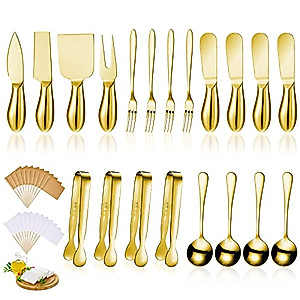 Patelai Spreader Knife Set Cheese Butter Spreader Knife Cheese Slicer Knife Stainless Steel Blade with Handles Mini Serving Tongs Spoons and Forks for Birthday Wedding Christmas (20, Golden)