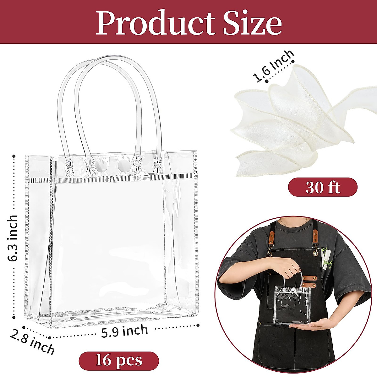 Jutieuo 16 Pack Clear Plastic Gift Bags with Handle, 6.3" x 5.9" x 2.76", Reusable Transparent PVC Gift Wrap Tote Bags with Ribbons for Wedding, Baby Shower, Birthday Party Favor Bags