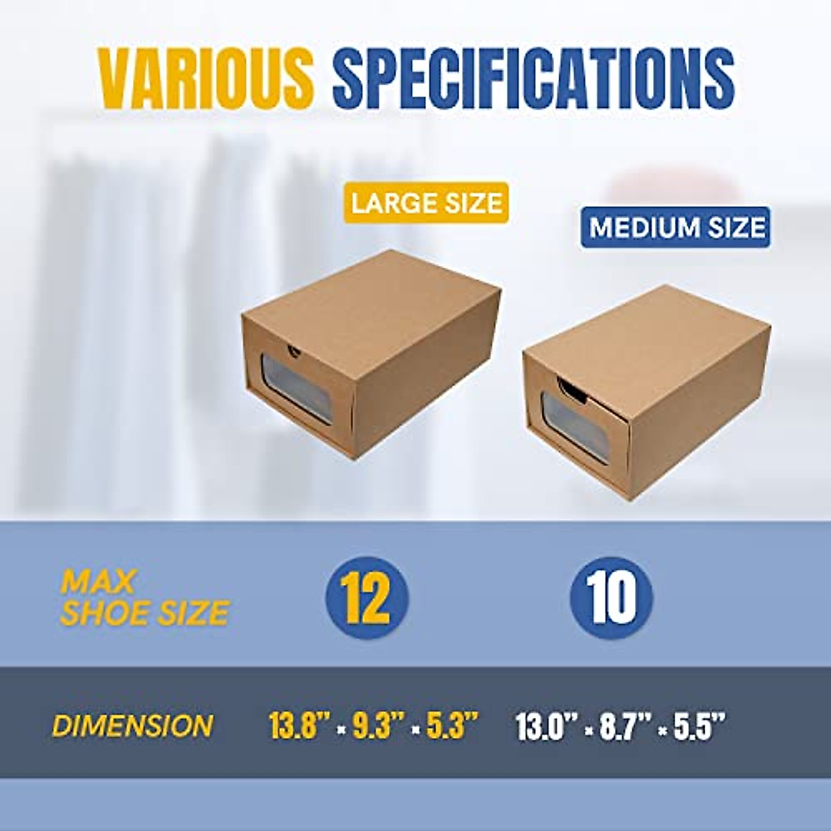 Cardboard Shoe Storage Boxes, 12 pack, Medium(Maximum Size: Men's 10, Women's 12), Stackable Shoe Boxes, Waterproof Cardboard shoe box, Sturdy, Easy to Assemble, Shoe organizer with Transparent Window.