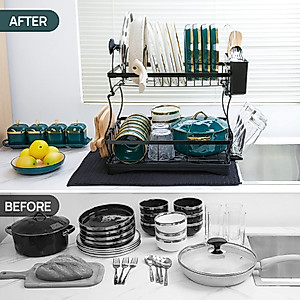 YIHONG Kitchen Large Dish Drying Rack with Drainboard, 2 Tier Dish Racks for Kitchen Counter, Dish Drainer Set with Utensils Holder, Dish Strainers with Extra Drying Mat for Pots and Pans