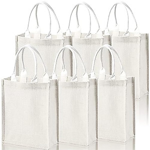 DEAYOU 6 Pack Jute Burlap Tote Bag, Burlap Gift Bag with Handle, Jute Beach Tote Laminated Interior, Reusable Lined Grocery Shopping Bag for Bridesmaid, DIY, Wedding,9.8''x11.8''x3.9'', White