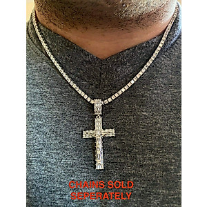 HarlemBling Real 925 Sterling Silver - Iced Baguette Cross W. Jesus Pendant - 3 Sizes Great For Any Necklace 1-2.5" (Medium 1.5")