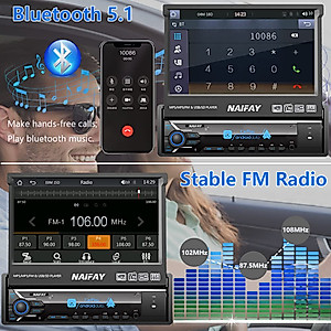 Naifay Single Din Touchscreen Car Stereo with Carplay & Android Auto, 7inch Flip Out Screen Car Stereo with Bluetooth Car Audio Receivers, Backup Camera, FM Radio/Mirror Link/USB/AUX/TF/Subwoofer