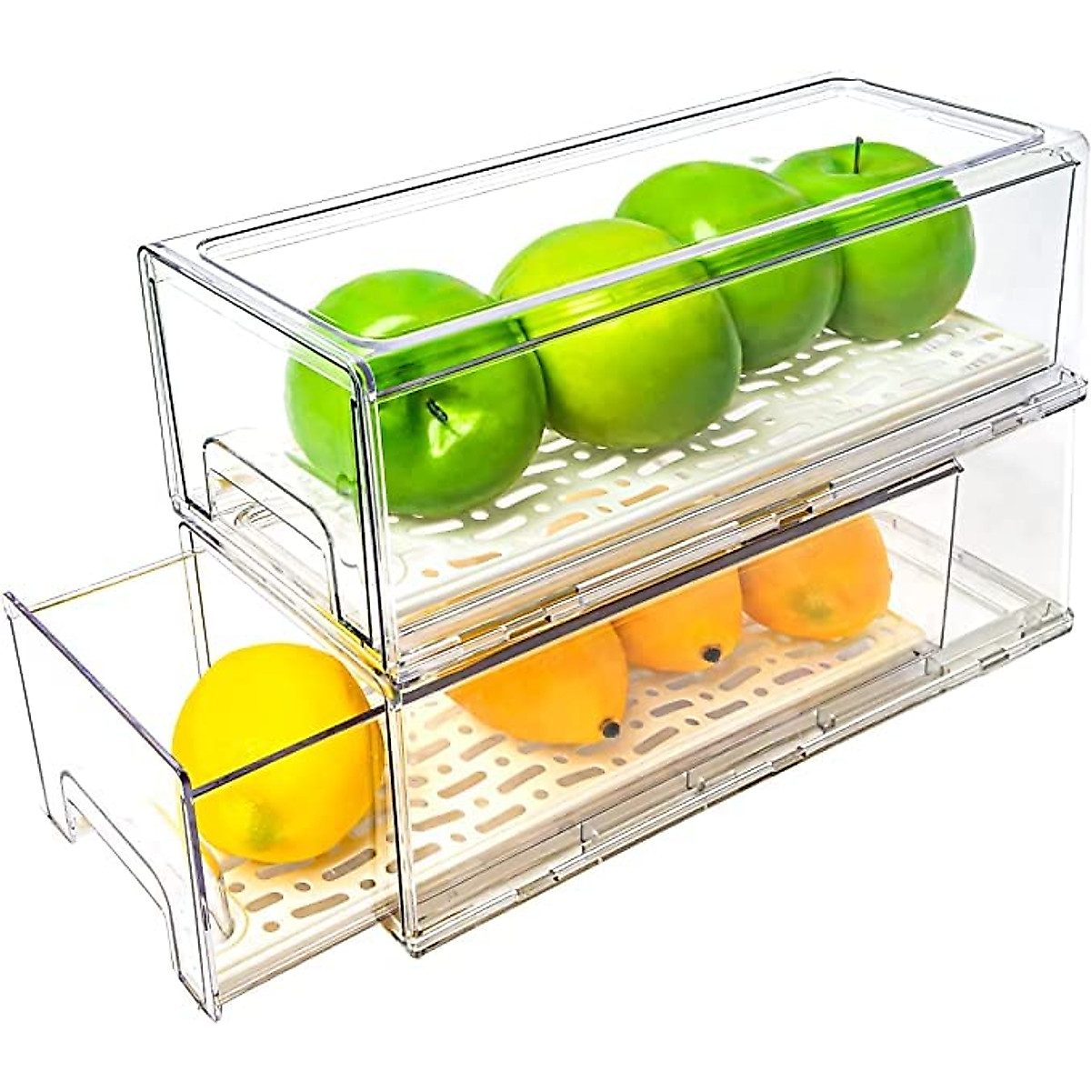 2 Pack Stackable Refrigerator Drawers Pull Out Bins Clear Fridge Drawer Organizer Food Storage Containers Plastic Veggie Fruit Produce Saver for Pantry Kitchen Freezer