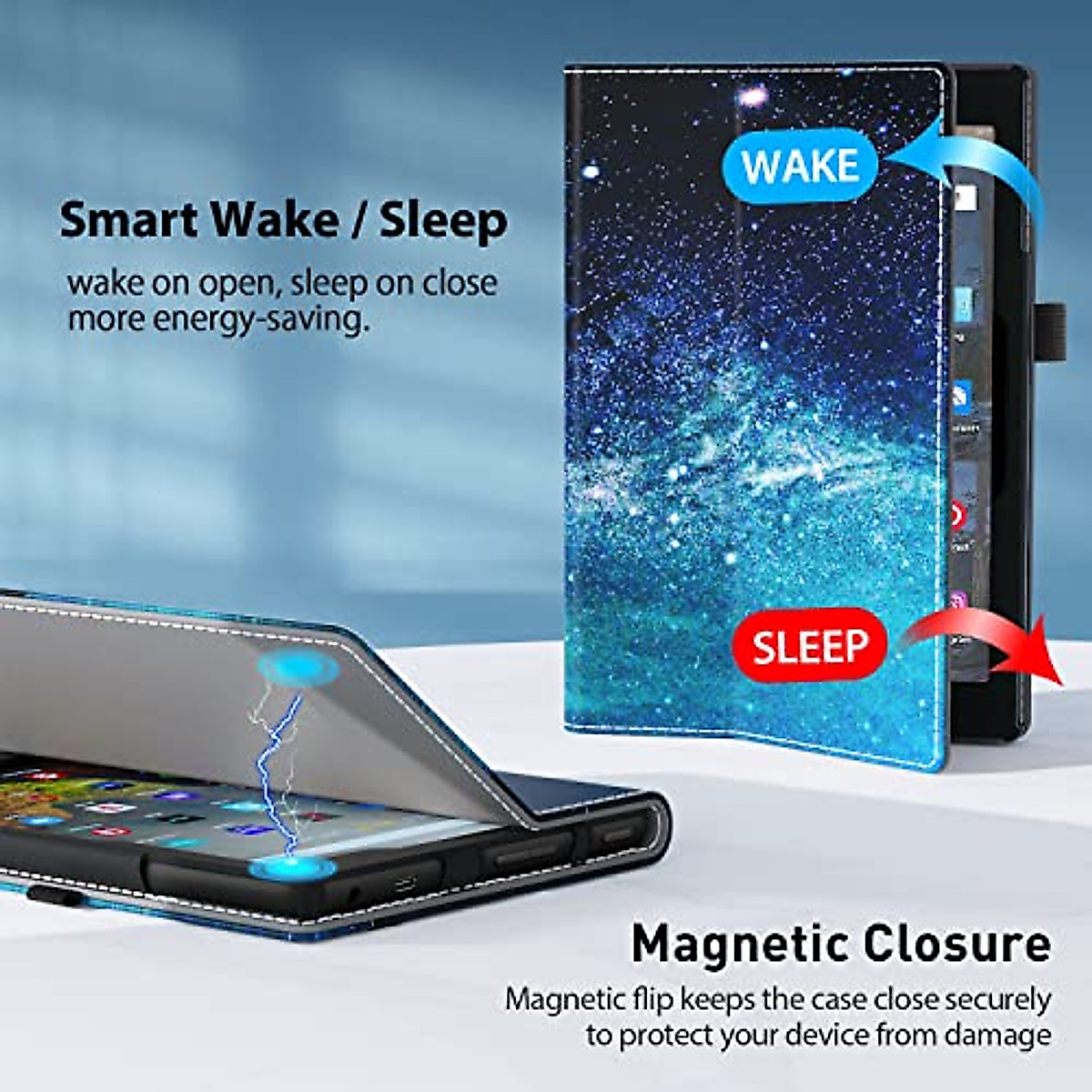 VORI Case for All-New Amazon Fire 7 Tablet (Only fit 12th Generation, 2022 Release), Slim Vegan Leather Folio Stand Smart Cover with Hand Strap and Auto Wake/Sleep for Kindle Fire 7” Tablet, Galaxy