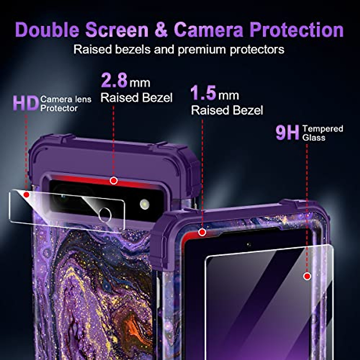 Miqala Google Pixel 6A Heavy Duty Case: Shockproof, Anti-Scratch, with 2 Tempered Glass & Camera Lens Protectors - Purple