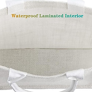 DEAYOU 6 Pack Jute Burlap Tote Bag, Burlap Gift Bag with Handle, Jute Beach Tote Laminated Interior, Reusable Lined Grocery Shopping Bag for Bridesmaid, DIY, Wedding,9.8''x11.8''x3.9'', White