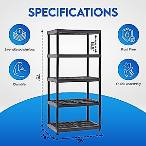Juggernaut Storage 5-Level Heavy Duty Plastic Shelving System, Black/Gray (RSHD3624-5BG)