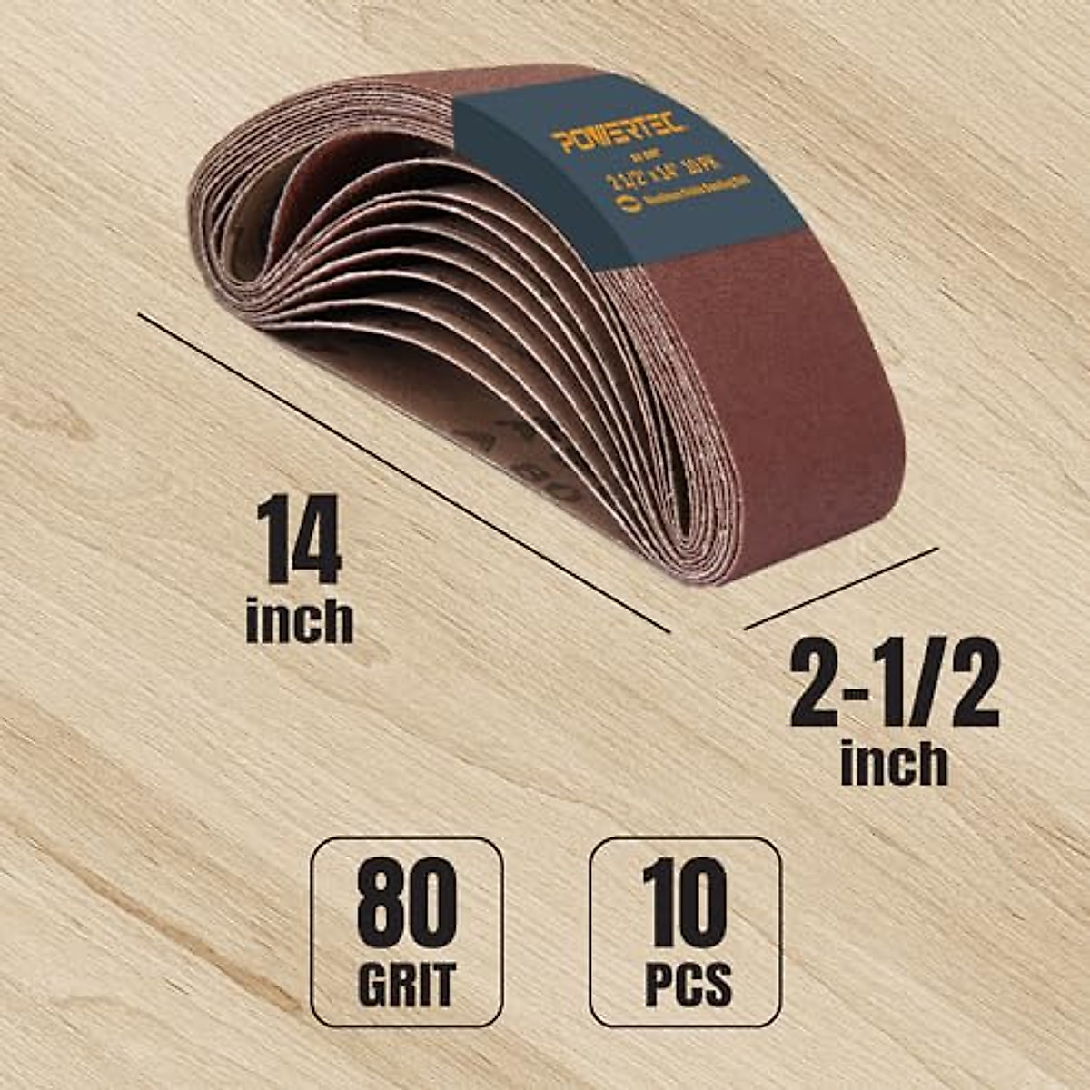 POWERTEC 401408 2-1/2 x 14 Inch Sanding Belts, 80 Grit Aluminum Oxide Belt Sander Sanding Belt for Porter Cable 371 & 371K Belt Sander, Wood & Paint Sanding, Metal Polishing, 10PK