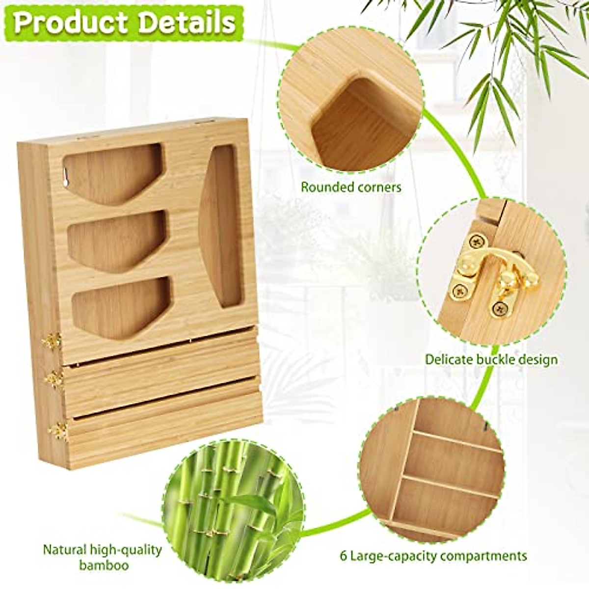 KMOTASUO Bamboo Ziplock Bag Organizer for Drawer, 6 in 1 Food Storage Bag Organizer Wrap Dispenser with Cutter, Great for Quart Gallon Sandwich Snack Bags & Foil Plastic Wrap (6 in 1)