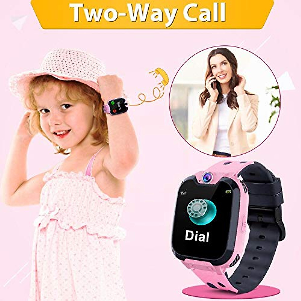 Smartwatch for Kids-Kids Smart Watch with Clock Phone for Girls Boys HD Touchscreen with Call SOS Music Player Games Camera Calculator Alarm Clock Smart Watch Birthday Gifts for Kids Age 4-12 PINK