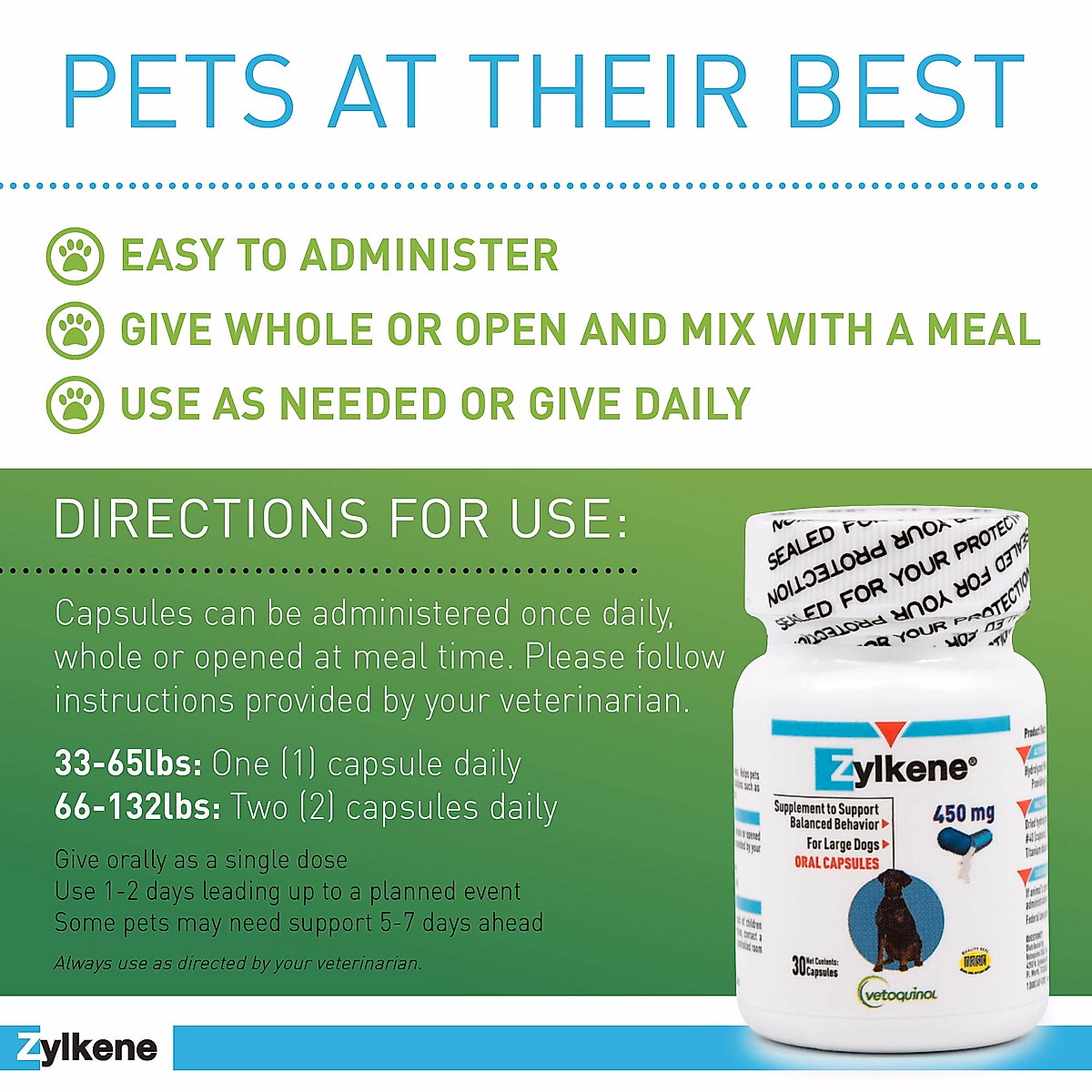Vetoquinol Zylkene Behavior Support Capsules for Large Dogs 33-132lbs, Calming All Natural Milk Protein Supplement, Helps Relieve Dog Anxiety During Fireworks and Thunder, 450mg