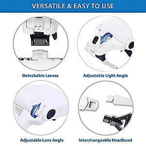 Magnifying Glasses - ANDSTON Head Mount Magnifier with Light, 2 LED Professional Jewelry Magnifying Glass Light Bracket and Headband are Interchangeable
