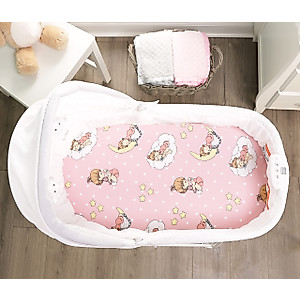 Bassinet Sheets 2-Pack 100% Cotton Jersey Knit, Precious Moments and Solid Pink Fitted Sheets for Baby Girl Bassinet, Compatible with Brands Bassinet Bedside Co-Sleeper Lounger Oval Rectangle Mattress