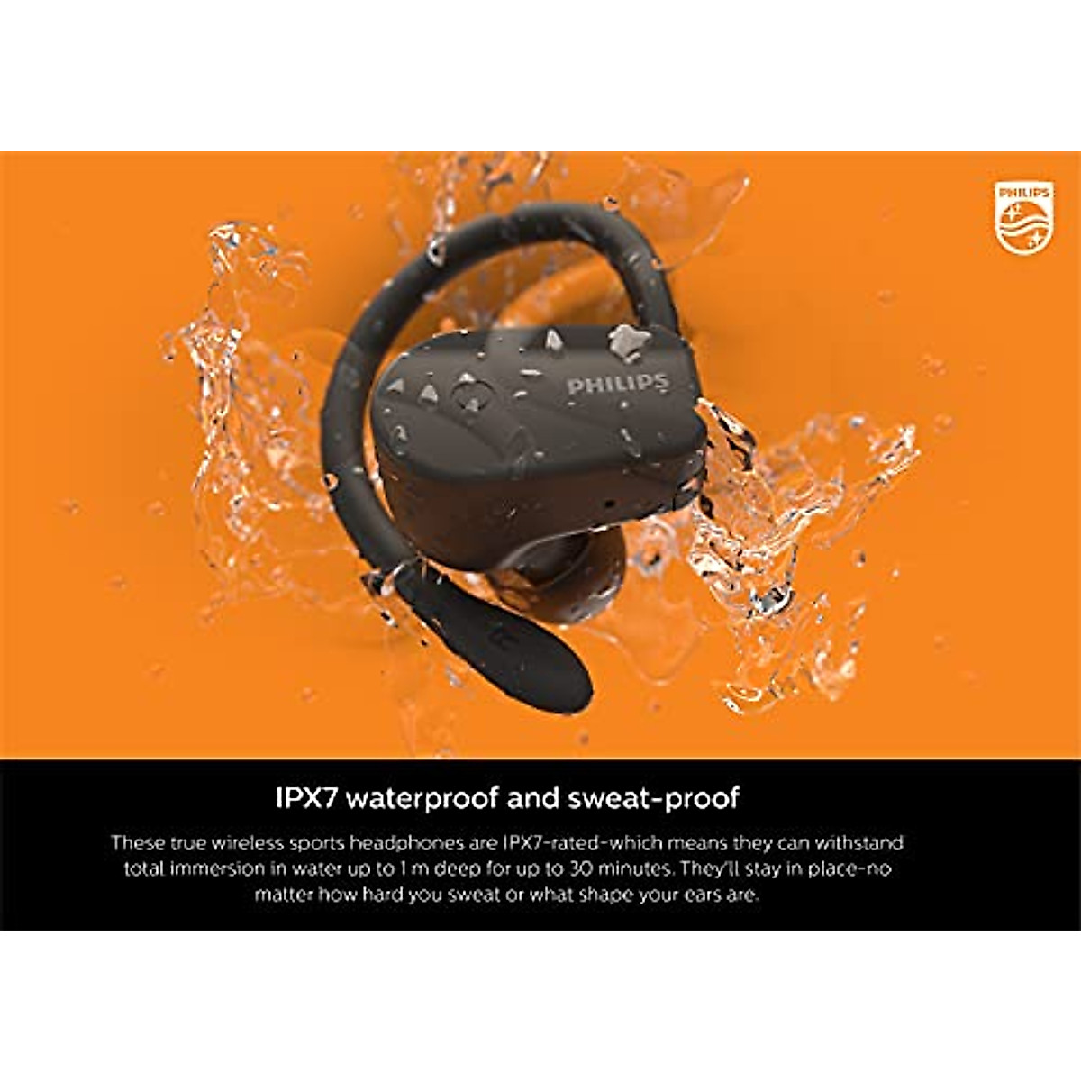 Philips A5205 Wireless Sports Earbuds, IPX7 Waterproof, in-Ear True Wireless Bluetooth 5.1 Headphones, USB-C Charging, Detachable earhooks, Up to 20 Hours of Playtime, TAA5205BK