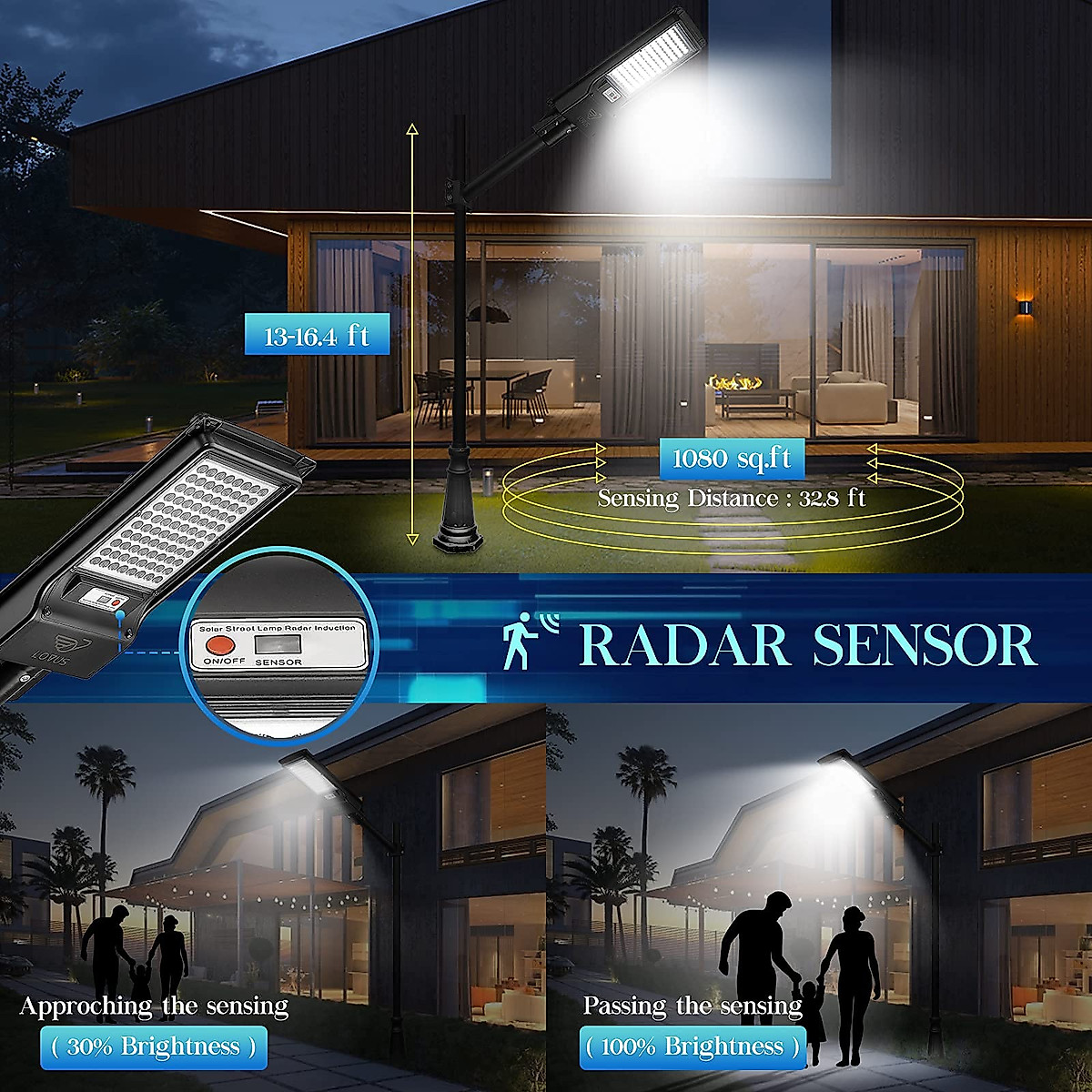 Lovus 500W Solar LED Street Light, 6000k Outdoor Solar Flood Security Lighting Dusk to Dawn with Motion Sensor, IP65 Waterproof, Wall or Pole Mount for Parking Lot, Home, ST80-078