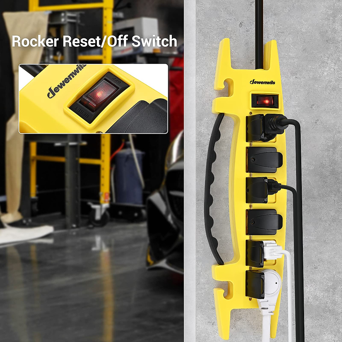 DEWENWILS 6-Outlet Heavy Duty Power Strip with 15FT Cord, Garage Power Strip with 15A Circuit Breaker, Industrial Power Strip, Wall Mountable & Cord Management, Safety Cover, UL Listed