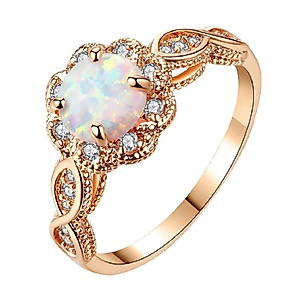 FLYYQMIAO 14K Gold Plated Rose Gold White Simulated Opal Ring White Fire Opal Zirconia Women Jewelry Wedding Engagement Anniversary Ring Flower Shape Women Finger Rings (8#)