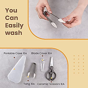 MOTHER-K Portable Ceramic Scissors with Tong Set, Ceramic Scissors for Baby Food with Protective Blade Cover and Portable Case, Safety Lock (GREY)