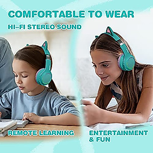 MIDOLA Kids Headphone Bluetooth Wireless or Wired Over Ear Cat Light Foldable Stereo Headset with AUX 3.5mm Mic Volume Limit 110-94 dB for Adult Child Boy Girl Cellphone Tablets TV Game Green