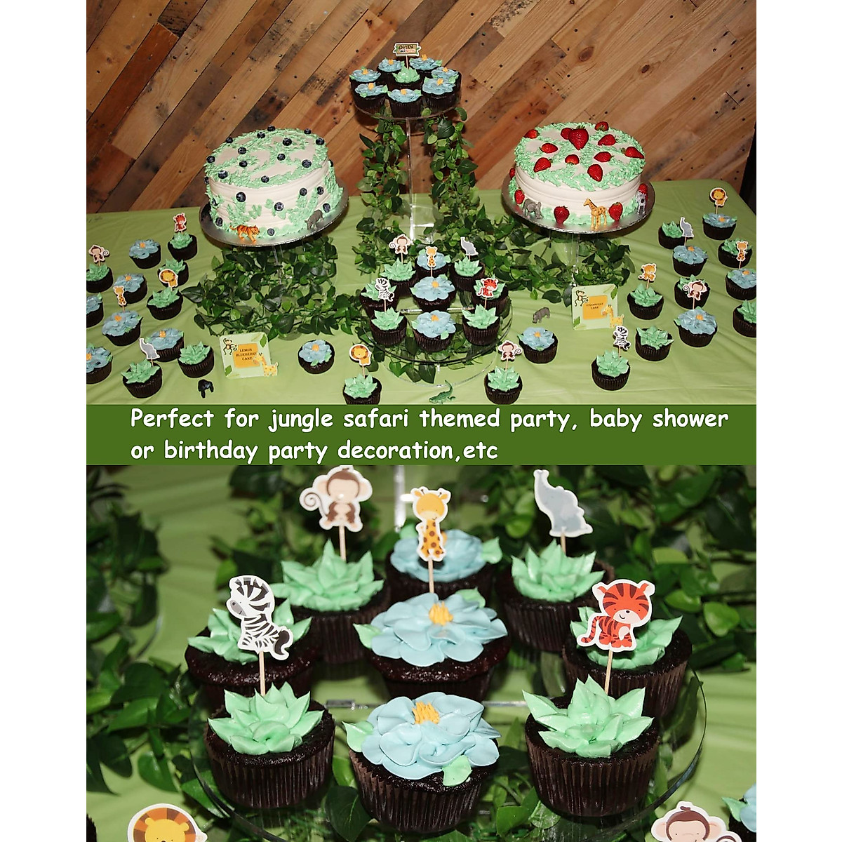 Honbay 48PCS Double Sided Zoo Animal Theme Dessert Muffin Cake Cupcake Toppers Picks Cake Decoration for Jungle Safari Themed Party, Baby Shower or Birthday Party Decoration,etc