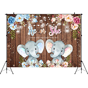 Aperturee 7x5ft Elephant Gender Reveal Backdrop He or She Pink or Blue Boy or Girl Floral Flower Rustic Wood Floor Baby Shower Photography Background Party Decorations Banner Photo Studio Props