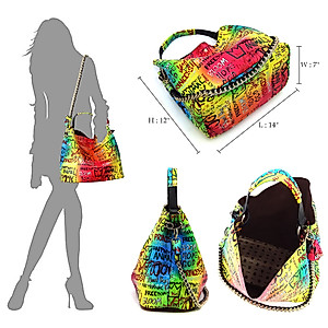 2pcs Set Multicolor Graffiti Printed Bucket Chian Strap Hobo Shoulder Bag & Crossbody Bag 2-in-1 Set Bag (Tan/Yellow)
