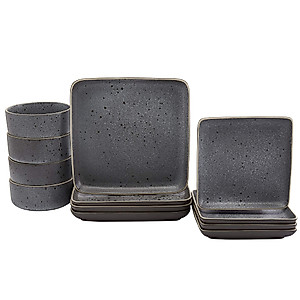 Tabletops Gallery Madison Fashion Dinnerware Collection- Square Contemporary Modern Reactive Glaze Dinner Salad Plate Bowl 4 Place Setting, 12 Piece Madison Dinnerware set in Speckled Grey